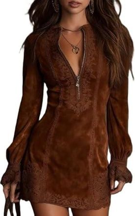 Generic Mini robe à col en V pour femme - Col en V - Avec dentelle - Garniture cowgirl occidentale - Manches longues - Style rétro, marron, M
