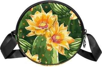 Generic Sac &agrave; bandouli&egrave;re rond pour femme, petit sac &agrave; bandouli&egrave;re motif cactus avec fermeture &eacute;clair, bretelles r&eacute;glables, sac &agrave; main rond d&eacute;contract&eacute; pour f