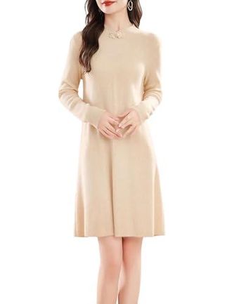 Generic Robe Femme Laine M&eacute;rinos Boucle Demi-Col Haut Ample Casual, beige, S