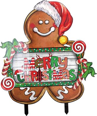 Happyyami Weihnachtliches Gartenschild mit Pfahl Lebkuchenmann Au&szlig;en Deko Wetterbest&auml;ndig Kompakt f&uuml;r Terrasse und Garten