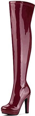 Allegra K Bottes Hautes en Cuir Verni Chunky pour Femmes Bourgogne 36