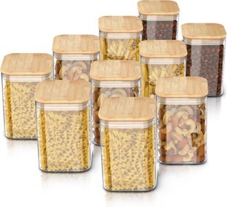 Arendo Vorratsgl&auml;ser mit Deckel - 10er Set - Beh&auml;lter aus Glas - hitzebest&auml;ndig - Vorratsdosen mit Bambusdeckel - luftdicht - f&uuml;r M&uuml;sli Zucker Mehl Kaffee Re