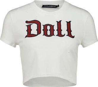 Dolce & Gabbana Femme, Tops, Blanc, Taille: 36 FR T-shirt court en jersey avec imprim&eacute; poup&eacute;e