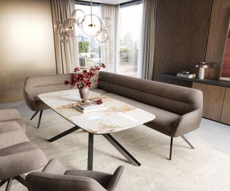 DELIFE Esszimmerbank Taya-Flex 285x190 cm Strukturstoff Soft Taupe Kreuzgestell kantig Graphit Taschenfederkern Rechts, B&auml;nke