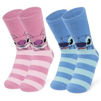 Disney Kuschelsocken Damen Teenager, 2er Pack Gr&ouml;&szlig;e 35-41, Weich Flauschige Rutschfeste Haussocken, Warme Geschenke f&uuml;r Frauen (Mehrfarbig Stitch/Angel)