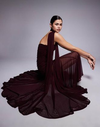 Tfnc Robe bandeau longue avec jupe transparente et foulard - Violet fonc&eacute;