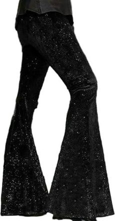 Generic QXDZSW Printemps Casual Confortable Doux Velours Pantalon Femme &Eacute;l&eacute;gant Taille Haute Slim Flared Pants Automne Diamants Brillant Long Pantalon, Noir, 