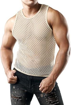 JOGAL Chemise Muscl&eacute;e Transparente pour Homme sans Manches en Filet Sous-V&ecirc;tement, beige, S