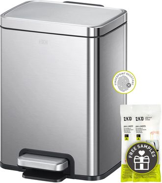 EKO Madison Badezimmer-M&uuml;lleimer mit Deckel und herausnehmbarem Innenkorb, rechteckiger kleiner Stufen-Abfalleimer, geb&uuml;rsteter Edelstahl, 6 l