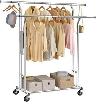 Songmics Schwerlast Kleiderst&auml;nder aus Metall, bis 110 kg belastbar, Garderobenst&auml;nder auf R&auml;dern, L&auml;nge 129-169 cm, Verchromt HSR12S