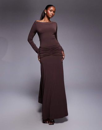 Daska Jersey-Maxikleid in Schokobraun mit R&uuml;ckenschleife-Brown