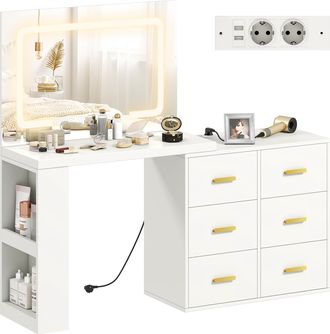 HOMCOM Schminktisch mit LED-Lichtern, 3 Farben, einstellbare Helligkeit, umwandelbarer Schminktisch mit Steckdosen, 6 Soft-Close-Schubladen, Spiegel, offene 