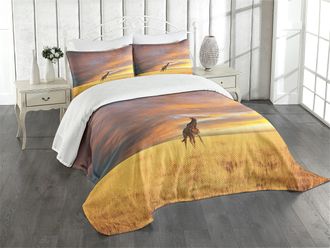 Abakuhaus Giraffe Tagesdecke Set, African Wildlife, Set mit Kissenbez&uuml;gen luftdurchl&auml;ssig, f&uuml;r Doppelbetten 220 x 220 cm,Gelb Pfirsich