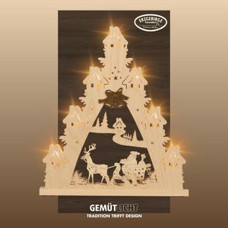 Weigla Lichterspitze original Erzgebirge I Motiv Weihnachtsmann auf Schlitten I LED Lichterbogen Weihnachten I 7 Lampenkerzen + 1 Ersatzlampe I 7 x 34 V, 0,2