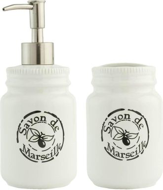 Clayre & Eef 62976 2-teil. Badezimmer- Set Keramik wei&szlig; Savon de Marseille Seifenspender und Becher
