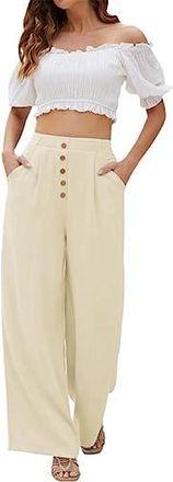Generic Pantalon Leger Ete Femme L&eacute;ger Fluide Lin Pantalon &Agrave; Boucle Taille Haute en Lin pour Femme avec Poches &Eacute;l&eacute;gantes et Large D&eacute;contract&eacute; &Agrave; La &Eacute;l&eacute;gant Ens