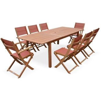 Sweeek Salon de jardin en bois Almeria. grande table 180-240cm rectangulaire 2 fauteuils 6 chaises eucalyptus et textil&egrave;ne Bois / Terracotta