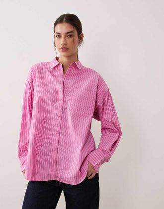 Jack & Jones Chemise oversize en popeline ray&eacute;e - Rose vif