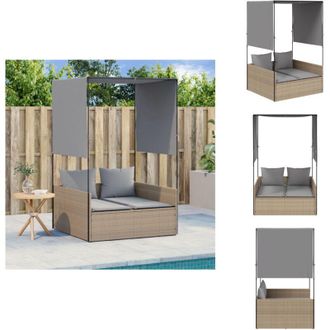 vidaXL Doppel-Sonnenliege mit Dach und Vorh&auml;ngen Beige Poly Rattan - Doppel-Sonnenliege - Gartenliege - Lounge M&ouml;bel - Outdoor M&ouml;bel - Sonnenschirm