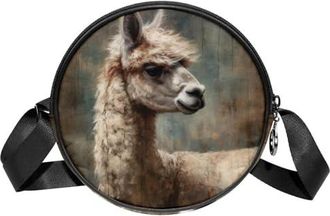 Generic Sac &agrave; bandouli&egrave;re rond pour femme, motif alpaga vintage, petit sac &agrave; bandouli&egrave;re avec fermeture &eacute;clair, bretelles r&eacute;glables, sac &agrave; main rond d&eacute;contrac