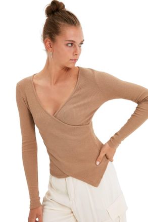 Trendyol Damen Trendyol Breasted Knitted Blouse, Mink, XS EU