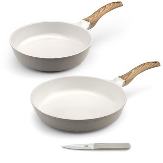 Cuisinox Mythic - Back- und Besteck-Set - Bratpfanne 24/28 cm, Gem&uuml;semesser - wei&szlig;e Keramikbeschichtung - fester Soft-Touch-Griff in Holzoptik - ohne PFOA und 