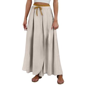 Generic Jupe trap&egrave;ze d&eacute;contract&eacute;e de couleur unie pour printemps et &eacute;t&eacute;, en coton et lin, jupe midi grande taille pour femme, sexy, blanc, XXL