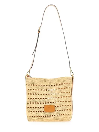 Etro Mens Perforated Raffia Shoulder Bag Beige Cotton