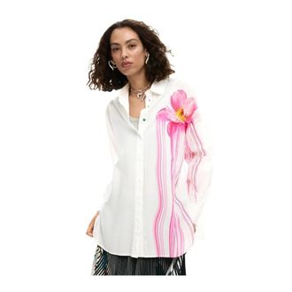 Desigual Femme, Blouses et Chemises, Blanc, Taille: 36 FR Chemise &agrave; Manches Longues Boutonn&eacute;e en Coton &agrave; Fleurs