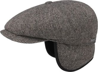 Stetson Hatteras Classic Ear Flaps Flatcap Schirmm&uuml;tze Fischgr&auml;tmuster Wollcap Ohrenschutz Made in EU Herren Herbst Winter Dunkelbraun 57 cm
