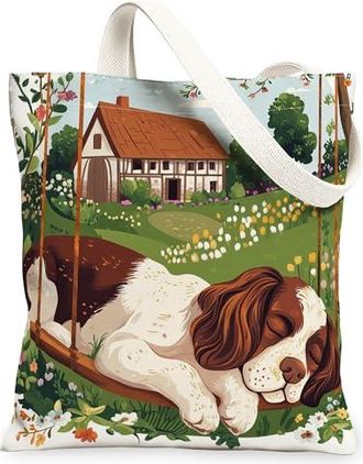 Generic Sac fourre-tout en toile motif &eacute;pagneul printanier printanier 33 x 38,1 cm, sac d&eacute;picerie r&eacute;utilisable pour femme, peinture esth&eacute;tique amusante pour a