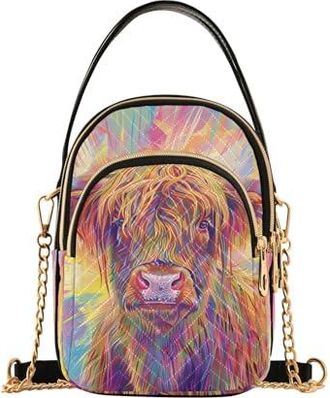 Mnsruu Sac à bandoulière pour femme à cheveux longs avec sangle réglable Motif vache Highland arc-en-ciel