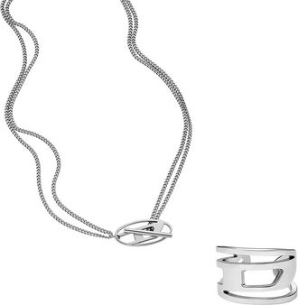 Diesel Herren Silber-Ton Edelstahl Halskette und Ohrringe, Set