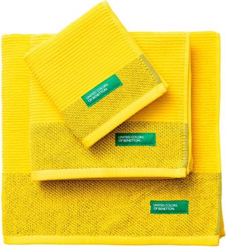 Benetton 3-teiliges Badetuch-Set (Etuitisch 30 x 50 cm + Hände 50 x 90 cm + Bad 70 x 140 cm) 450 g/m² 100% Baumwolle Gelb Regenbogen