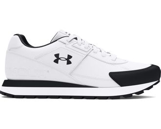Under Armour Herren Essential Runner, Sneaker im Retro-Look, leichte & atmungsaktive Laufschuhe, stylische Sportschuhe mit Leder,White / Black / Black,47.5