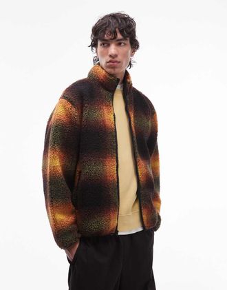 Vans Heights - Karierte Sherpa-Jacke in Braun und Gelb mit durchgehendem Rei&szlig;verschluss-Brown