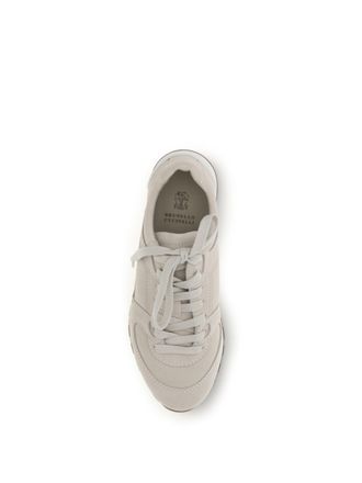 Brunello Cucinelli Womens Suede Sneakers Ivory Calf Leather Trainers