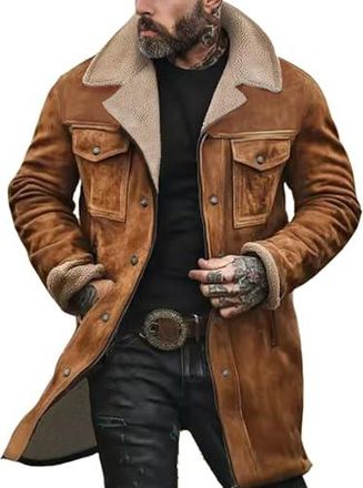 Generic Manteau de cowboy western vintage en daim avec col en peluche pour homme - Veste dhiver en similicuir vieilli à manches longues avec fermeture éclair 