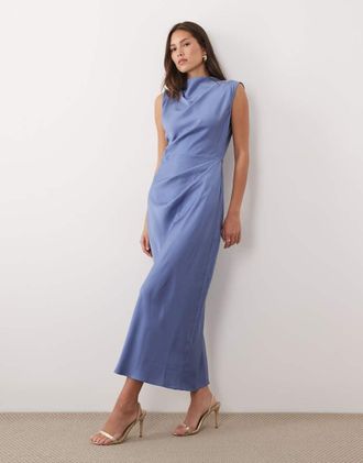 Asos Hochgeschlossenes Midikleid aus Satin in Blau mit gerafftem Oberteil