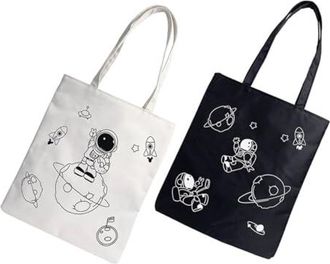 IFUNDOM 2 pi&egrave;ces Sac Fourre-tout Toile Imprim&eacute; Astronaute Grand Sac &agrave; Bandouli&egrave;re &Eacute;tudiant Cabas Noir et Blanc Polyvalent pour Usage Quotidien