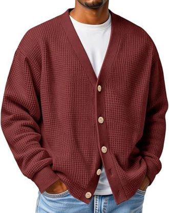 Generic Cardigan d&eacute;contract&eacute; et ample en tricot torsad&eacute; avec col en V et col en V pour homme, l&eacute;ger, bordeaux, 4XL