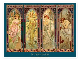 Posterlounge Les heures du jour (Die Vier Tageszeiten) Poster von Alfons Mucha 80 x 60 cm Petrol Wandbilder Wanddeko