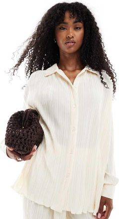 4th & Reckless Plissee-Hemdbluse in Creme mit Kragen, Knopfleiste und Kräuselsaum, Kombiteil-Weiß