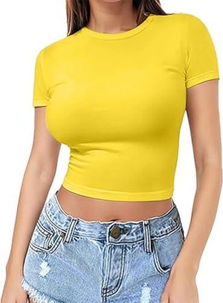 Generic Haut court &agrave; manches courtes et col rond extensible pour femme - T-shirt basique l&eacute;ger et doux pour l&eacute;t&eacute;, jaune, XS