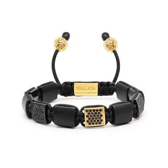 Nialaya Femme, Accessoires, Jaune, Taille: S Womens Black Onyx Flatbead Bracelet with Black CZ Diamonds and Gold Plating