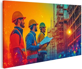 Islandburner Bild auf Leinwand Bauarbeiter bei Sonnenuntergang auf der Baustelle f&uuml;r Wohnzimmer Architekten Baustoffhandel Bilder Wandbilder Poster