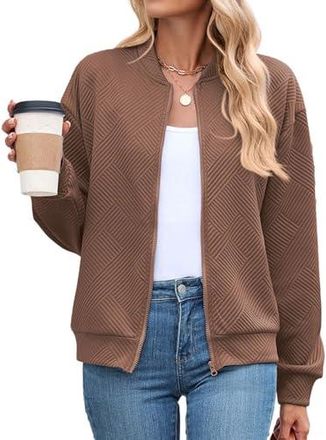 TOMWELL Veste Femme Zipp&eacute; Blouson D&eacute;contract&eacute; Manches Longues Manteau L&eacute;ger Sweatjacke A Marron L