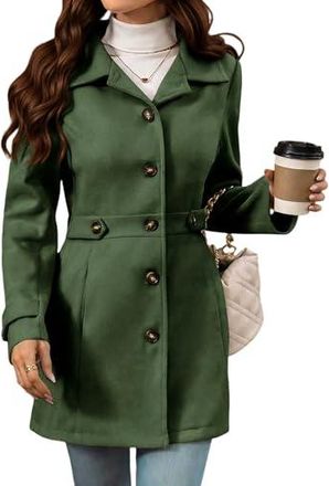 Generic Trench &agrave; simple boutonnage pour femme - Longueur mi-longue - V&ecirc;tement dext&eacute;rieur habill&eacute; - Revers crant&eacute; - Automne et hiver - Caban, Vert, XXL