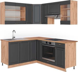 Vicco Eckküche Fame-Line, Anthrazit Landhaus/Goldkraft Eiche, 160 x 190 cm, AP Eiche