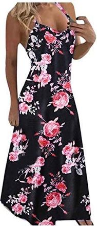 Generic Robe boh&egrave;me pour femme, col en V, imprim&eacute; floral, sans manches, &eacute;l&eacute;gante, rose vif, S